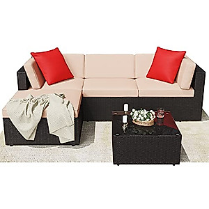 Greesum Patio Furniture Sets 5 Piece Outdoor Wicker Rattan Sectional Sofa with Cushions, Pillows & Glass Table, Beige