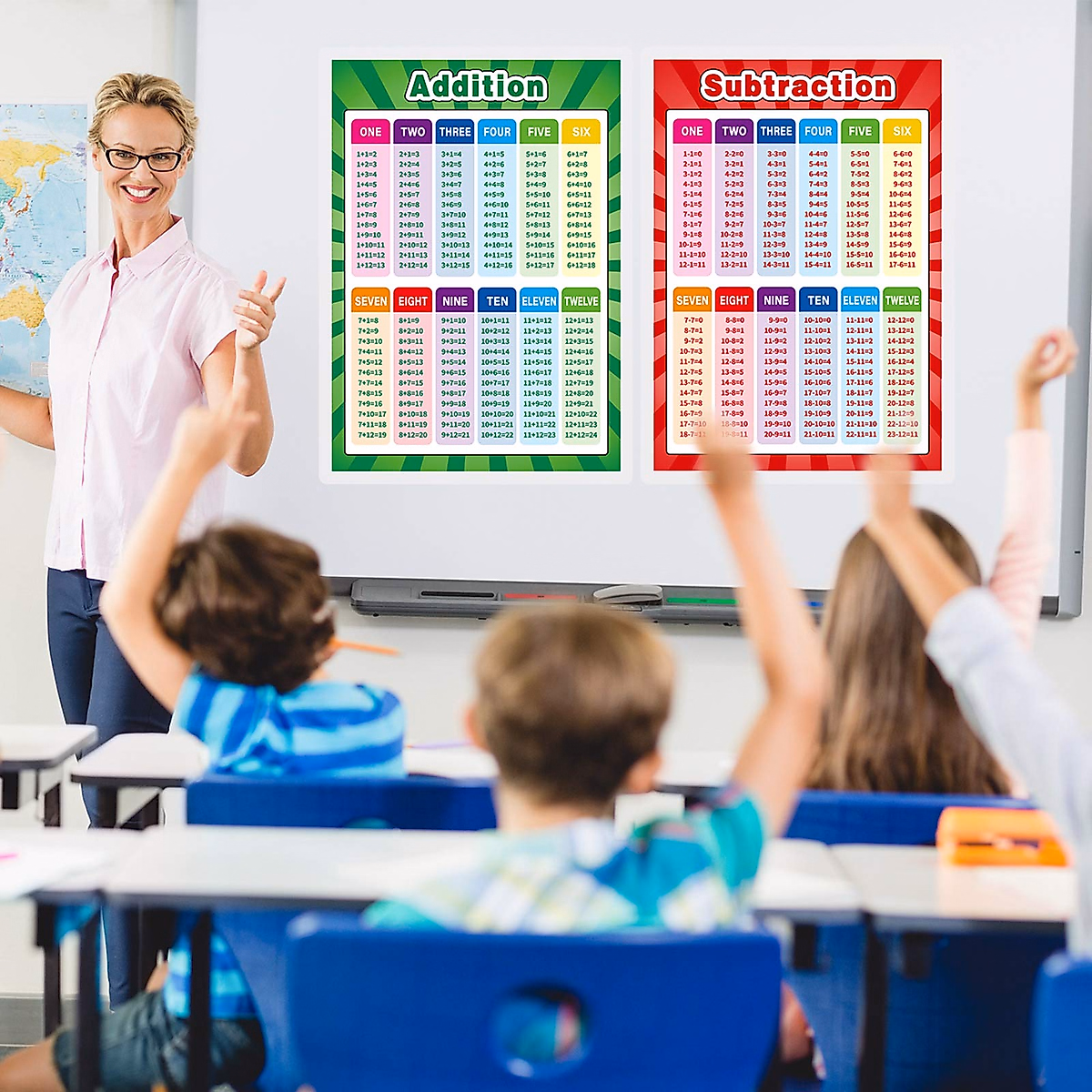 Outus Educational Math Posters Fully Laminated Educational Poster Addition and Subtraction Learning Charts for Elementary School Classroom Preschool Kids Learning(2 Pieces,Mixed Style)