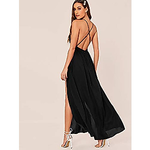 Floerns Women's V Neck Spaghetti Strap Backless Split Cocktail Party Maxi Long Dress A Black M