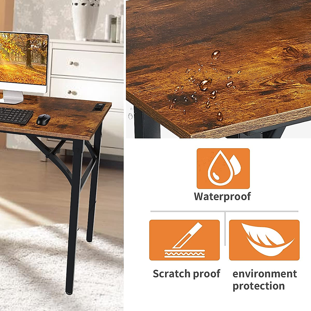 Frylr Industrial Computer Desk 43.3'', Home Office PC Desk with Power Outlet and USB Ports Charging Station, Study Workstation, Stable Metal Frame, Rustic Brown