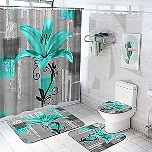 DuoBaorom 4 Pieces Set Teal Lily Flower Shower Curtain Set Geometric Floral Green and Grey Art on Non-Slip Rugs Toilet Lid Cover Bath Mat and Bathroom Curtain with 12 Hooks 72x72inch