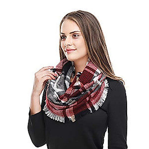 Lucky Leaf Women Winter Checked Pattern Cashmere Feel Warm Plaid Infinity Scarf (L8-Black Burgundy)