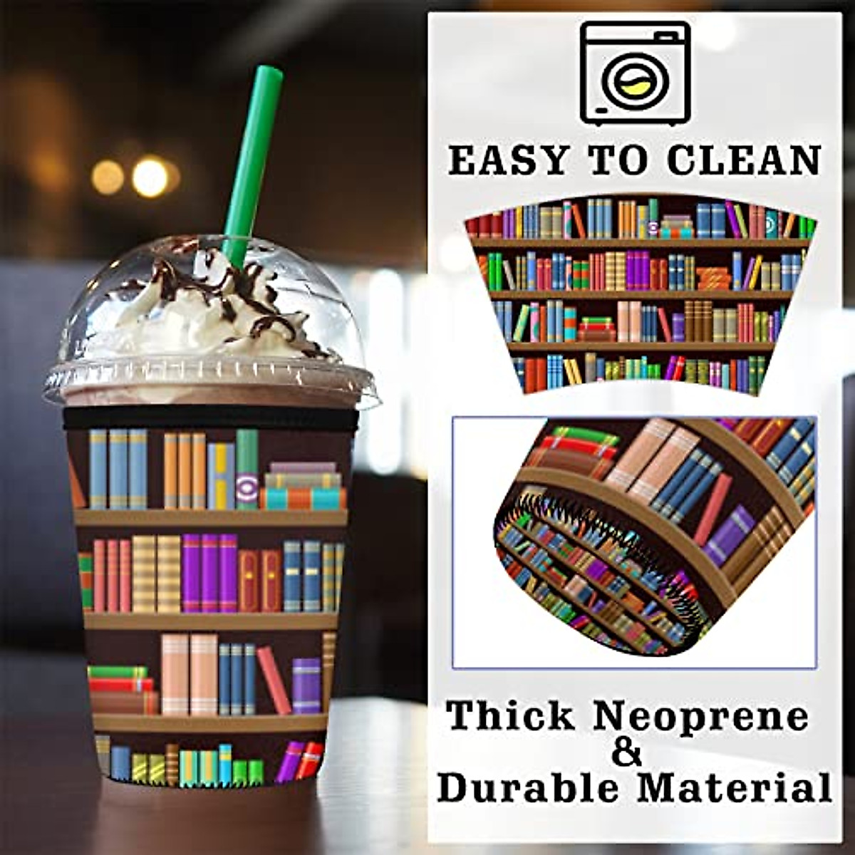 Iced Coffee Sleeve Colorful Bookshelf, Rainbow Book Library Reusable Neoprene Insulated Sleeves Cup Cover Holder for Cold Drinks Beverages 22oz - 24oz