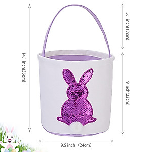 Zhuqing Easter Bunny Basket Bags, 2 Pack Bunny Bags with Fluffy Tail for Kids Boys Girls, Carrying Gift and Easter Eggs Hunt Bag, Printed Rabbit Canvas Toys Bucket Tote (Pink & Purple)