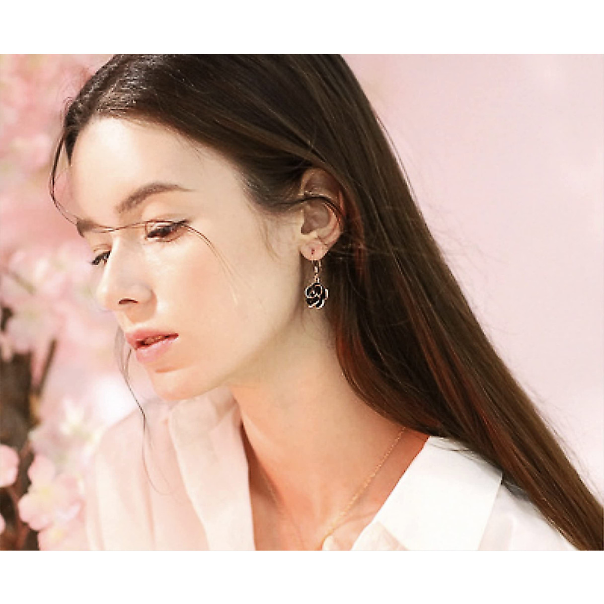 Rose Gold Plated Black Rose Flower Dangle Drop Earrings Fashion Jewelry for Women