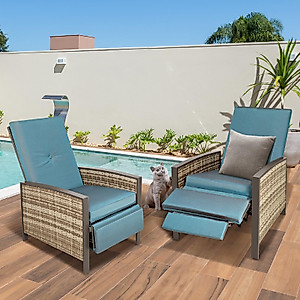 Brightpeak 2 Pack Patio Wicker Chaise Lounge Chair, Outdoor Rattan Reclining Pool Chair with Thick Padded Cushion & Adjustable Backrest for Outside, Lawn, Pool (Peacock Blue)