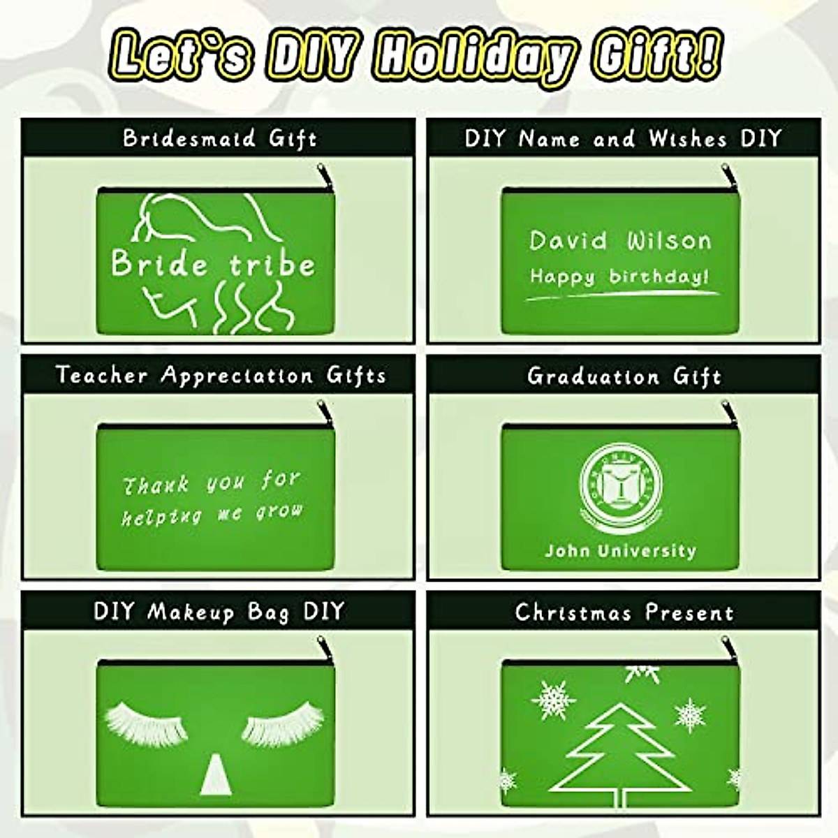 Legigo 12 Pack Blank Canvas Makeup Bag- Green Bulk Cosmetic Bags with Black Zipper, Multipurpose Canvas Zipper Pencil Case Pouch, Travel Toiletry Pouch, DIY Craft Gift Bags for Women Girls