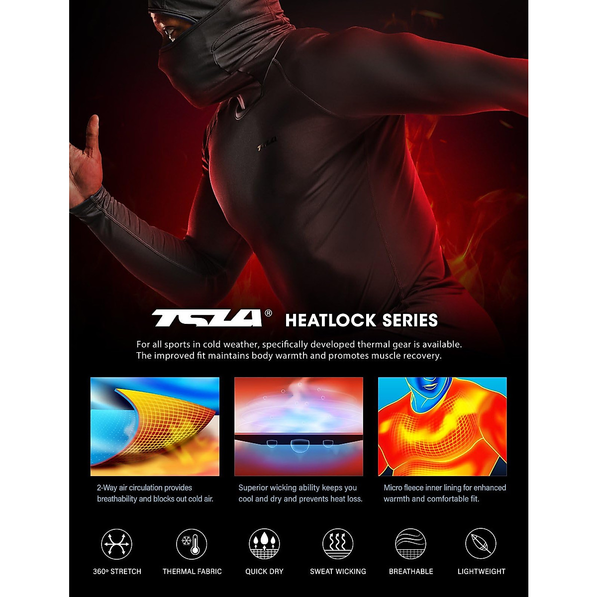 TSLA Men's Thermal Compression Shirts Hoodie with Mask, Long Sleeve Winter Sports Base Layer Top, Active Running Shirt, Heatlock Hoodie Black, X-Large