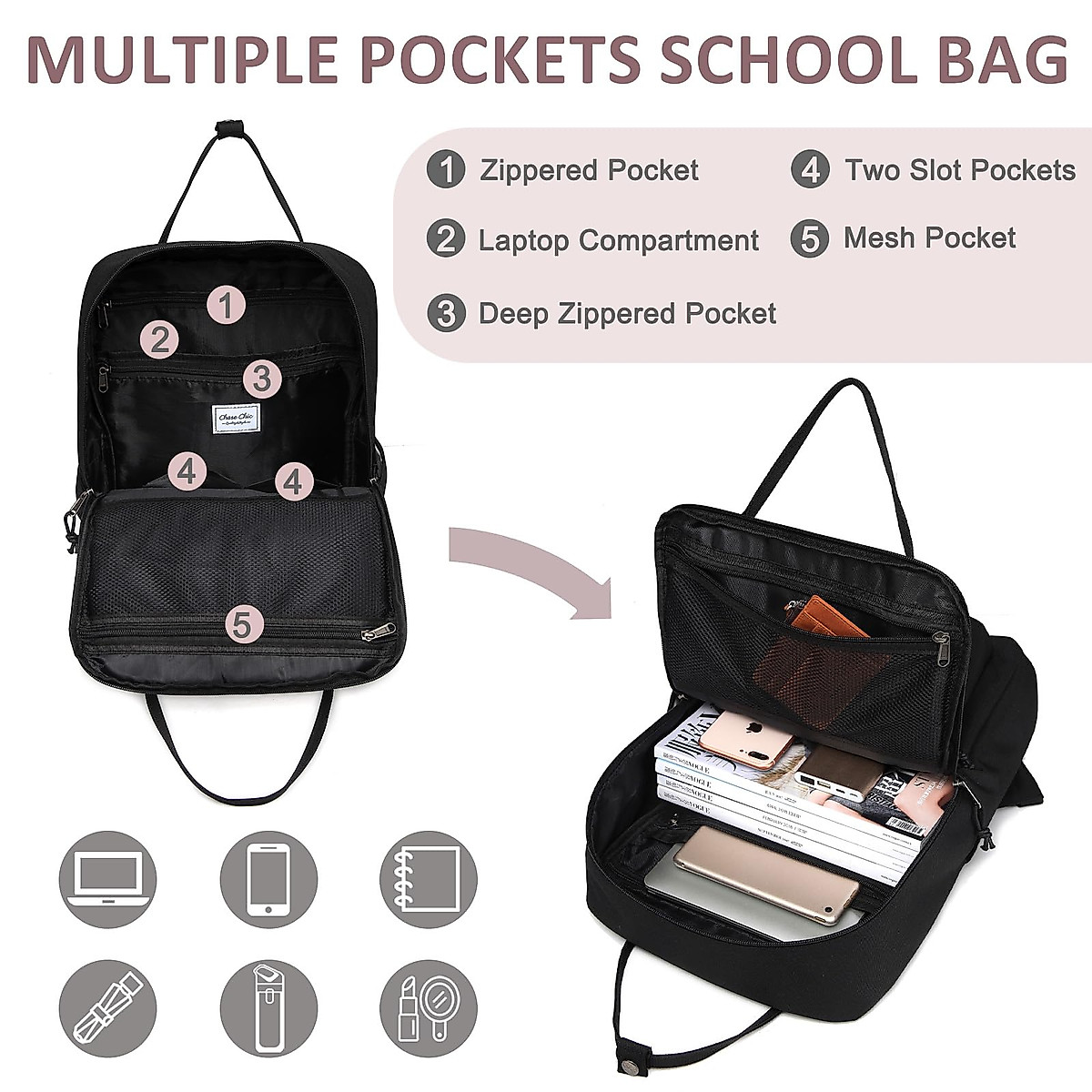 Backpack for Women, Chasechic Lightweight Cute School Bookbag for Teen Girls Hiking Casual Aesthetic Daypack Black