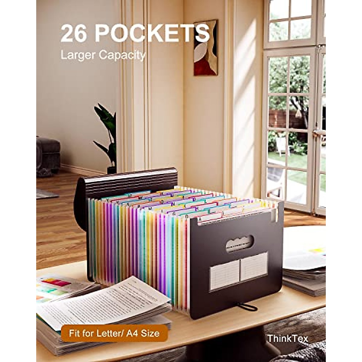 ThinkTex 26 Pockets Expanding File Folder, A-Z Colorful Tabs, Monthly Bill Receipt Documents Organizer, Larger Capacity, Letter/A4 Size