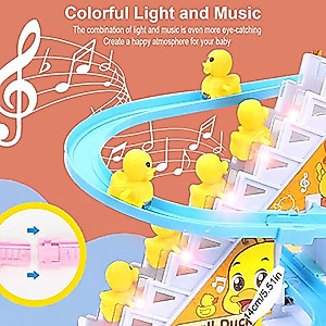 Small Ducks Climbing Toys, Electric Ducks Chasing Race Track Game Set, Playful Roller Coaster Toy with 9 Duck LED Flashing Lights & Music Button, Fun Duck Stair Climbing Toy for Toddlers and Kids (A)