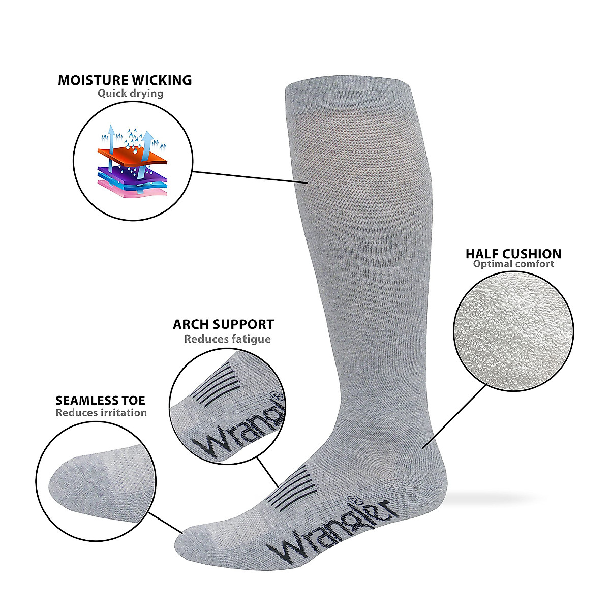 Wrangler Men's Western Boot Socks (Pack of 3),Grey,Sock Size:X-Large(12-15)/Shoe Size: 12-16