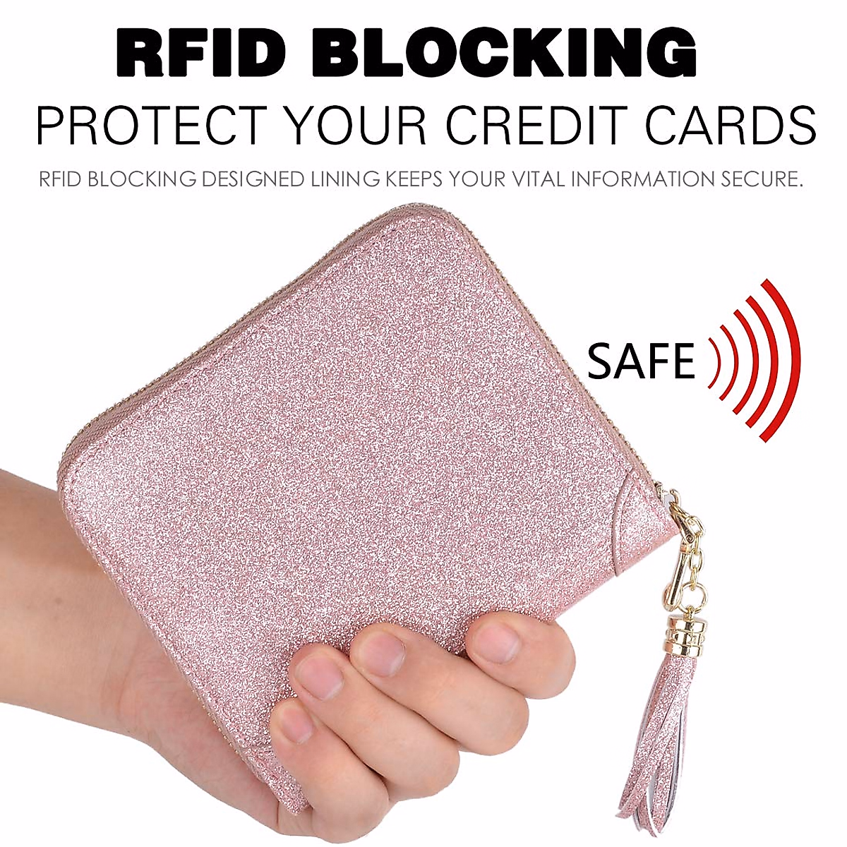 Easyoulife Womens Credit Card Holder Wallet Zip Leather Card Case RFID Blocking (Glitter Light Purple)