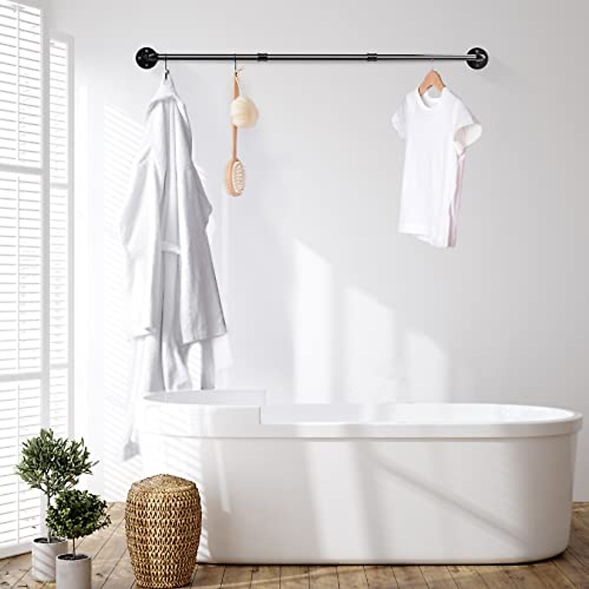 MOUTIK Industrial Pipe Clothes Hanging Rack: Wall Mounted Iron Clothing Storage Hanger Rod - Heavy Duty Multi-Purpose Metal Garment Bar for Closet Laundry Room Black