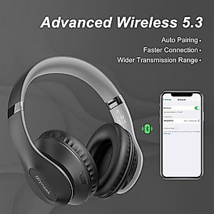 Glynzak Wireless Bluetooth Headphones Over Ear, 65H Playtime HiFi Stereo Headset with Microphone and 6EQ Modes Foldable V5.3 Bluetooth Wireless Headphones for Travel Computer Laptop(Grey) (WH207A)