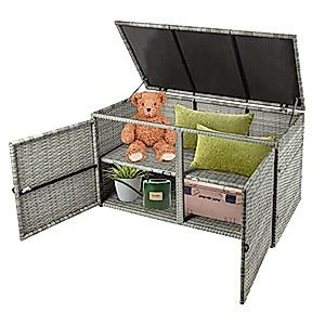 Outdoor 110 Gallon Rattan Deck Box, Wicker Patio Storage Cabinet Waterproof Storage Double Openable Door Cabinet Rattan Storage Deck Box with Lid and Separate Storage Shelf for Garden, Patio, Porch, Yard, can Store Cushions, Tools, Toys,Gray