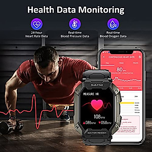 AMAZTIM Smart Watches for MenWomen-5ATM/IP69K Waterproof Fitness Tracker Smart Watch for Android iPhones with Heart Rate Blood Pressure Monitor Watch- 1.71''Tactical Military Sports Smart Watch(Black)