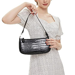 Retro Classic Crocodile Pattern Clutch Shoulder Tote HandBag with Zipper Closure Small Purse for Women (Black)