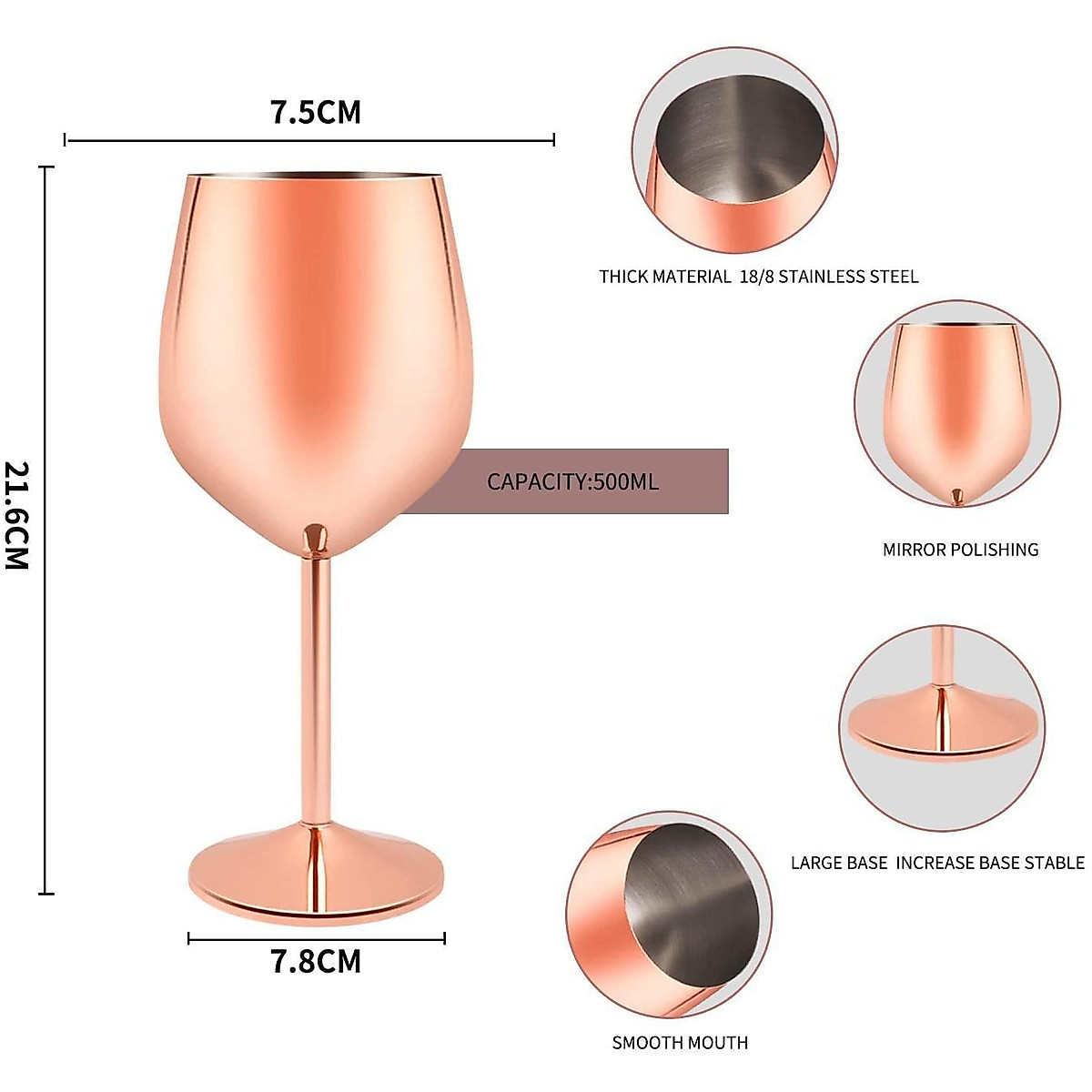 FOOLS ALIBAI Stainless Steel Unbreakable Stemmed Wine Glasses, Steel Wine Goblets Set of 2, 17 oz Wine Goblets Red White Wine Shatterproof BPA Free Great for Outdoor Events, Picnic (ROSE GOLD-1)