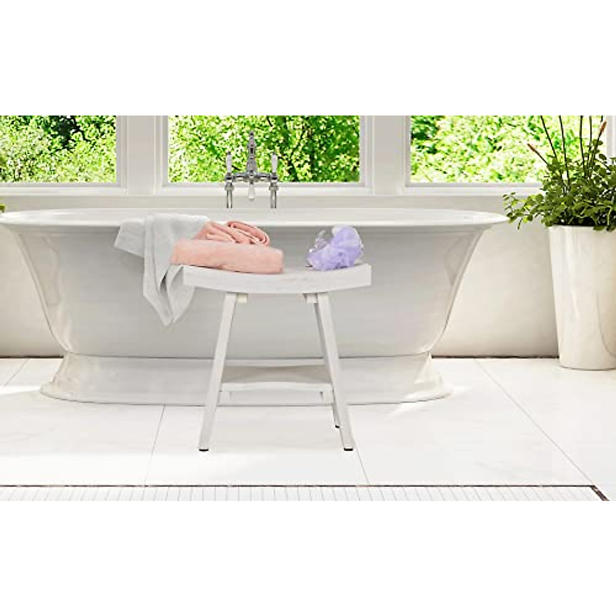 CoastalVogue Serenity Shower Stool Teak Wood Eastern Style Shower Bench with Curved Seat and Storage Shelf, Wood Shower Seat Stool in Antique White Finish - 18 inches