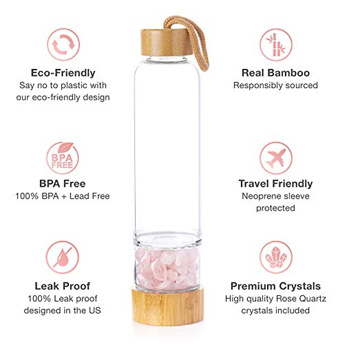 Crystal Elixir Infused Gem Water Bottle – Leak-Proof Lid – Bamboo Wellness Glass Includes Protective Sleeve and Removable Crystal – 15 oz (Rose Quartz)