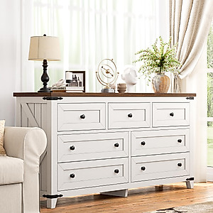 EnHomee Dresser for Bedroom Wood Dresser with 7 Drawers White Dresser with Smooth Metal Rail Long Dressers & Chests of Drawers Farmhouse Dresser for Bedroom Dresser TV Stand, Closet, Antique White