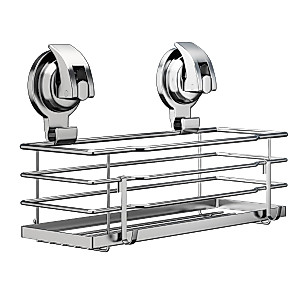 TESOT Suction Cup Shower Caddy, Shower Shelf Soap Dish with Hooks for Razor, Sponge, Rust Proof 304 Stainless Steel, Silver