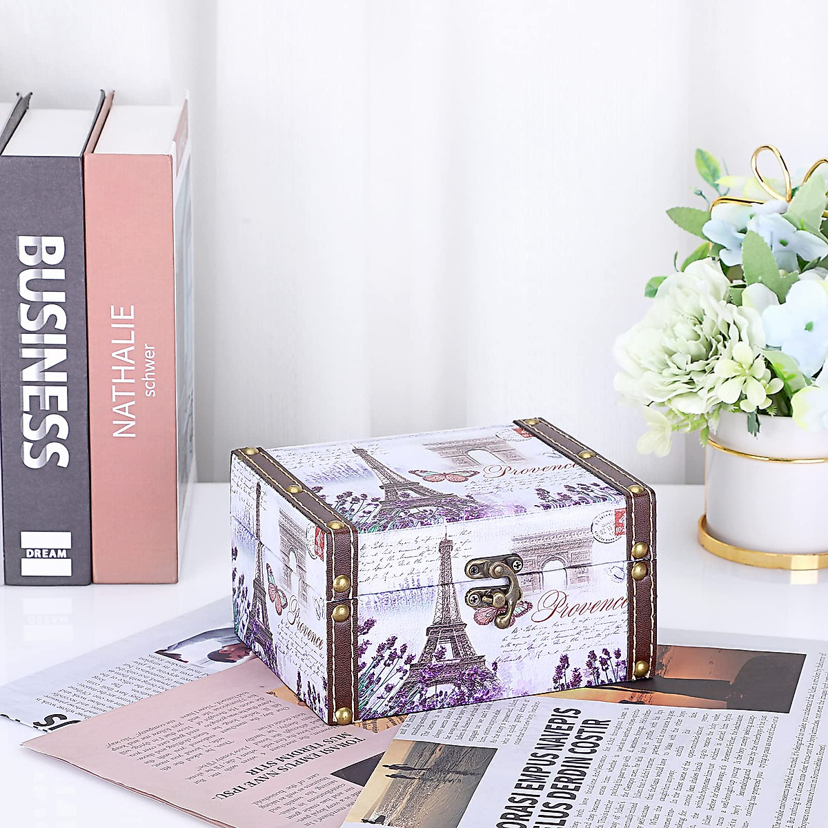 ELLDOO Decorative Treasure Chest Box, Wooden + PU Leather Storage Box for Jewelry Trinkets, Keepsakes box for Girls Women Gifts (Tower Pattern)