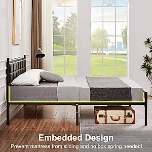 VECELO Queen Bed Frame with PU Upholstered Headboard, Heavy Duty Platform Bedframes, Metal Slats Support, No Box Spring Needed, Matter Black