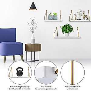 aopow White Floating Shelves for Wall - Set of 3 Hanging Wood Shelf & Wall Mounted Long Wide Deep Rustic Wooden Shelves with Gold Metal Brackets Modern for Bedroom Bathroom Living Room