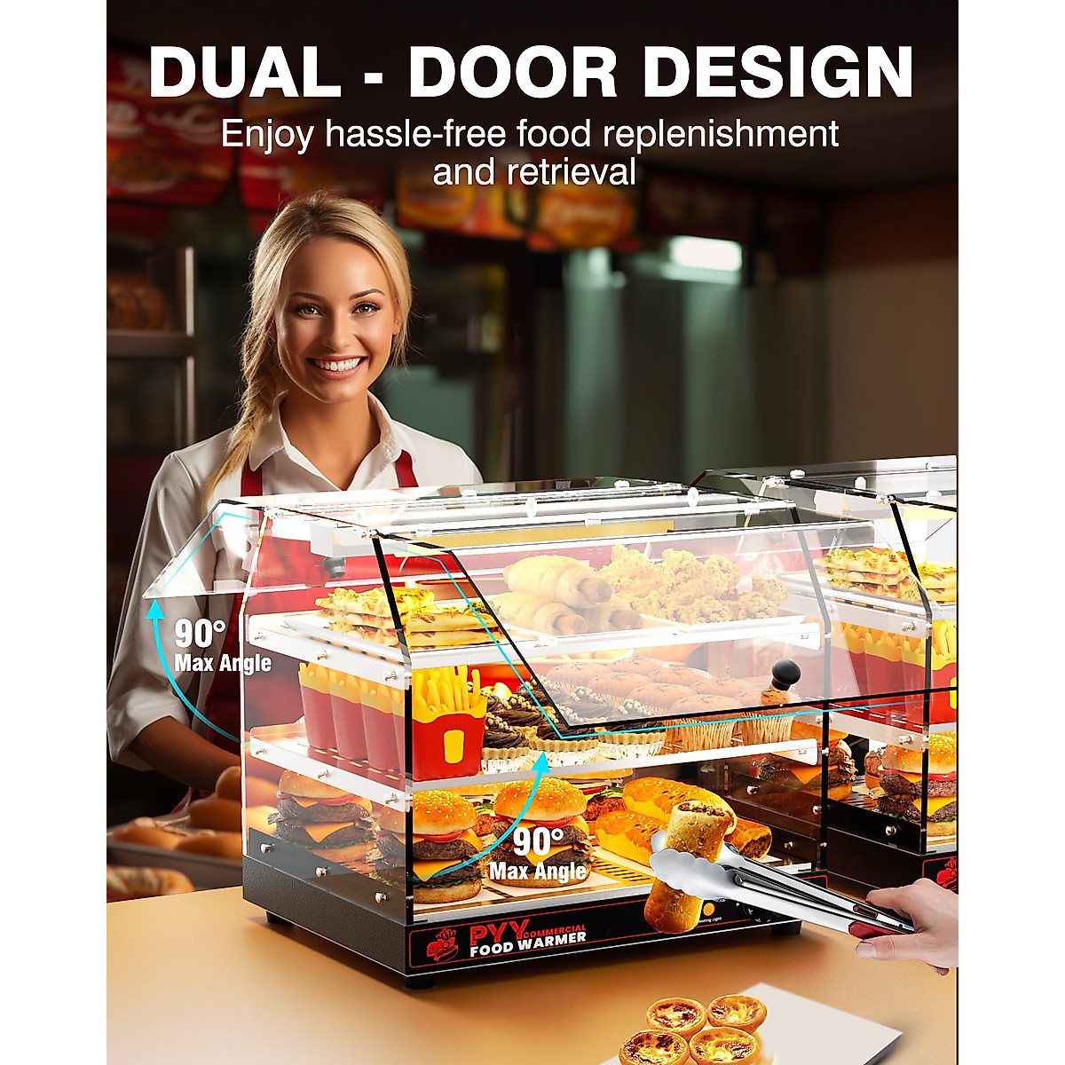 PYY Commercial Food Warmer Display - Countertop Hot Box Warming Cabinet for Restaurant Party Buffet, 3-Tier Electric Heating Case with Dual Insulated Door Suit for Pizza Hamburger, Black