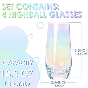 Swetwiny Colorful Highball Glasses, 18.5 Ounce Iridescent Glassware Set of 4 Lead-Free Crystal Glassware for Mixed Drinks, Juice, Cocktail, Gift Package (Colorful)