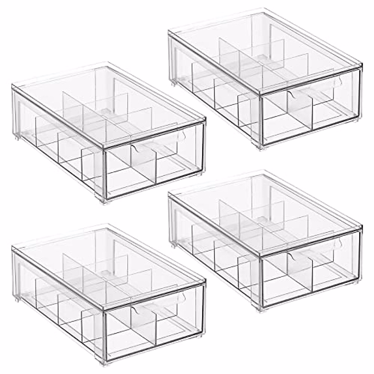 mDesign Plastic Kitchen and Pantry Organizer with Divided Drawer - Stackable Bin with 8 Sections for Tea and Snack Food - Perfect for Organizing Cabinet, Fridge - Lumiere Collection - 4 Pack - Clear
