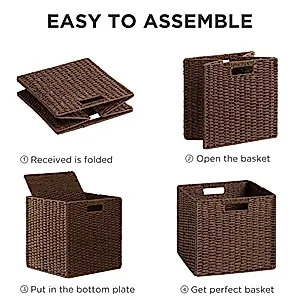 UBBCARE 3 Pack Wicker Basket, 11.8L×11.8H×11W inch Woven Paper Rope Storage Baskets for shelves, Foldable Cube Storage bin with Handle, Storage Basket for Organizing & Decor, Brown