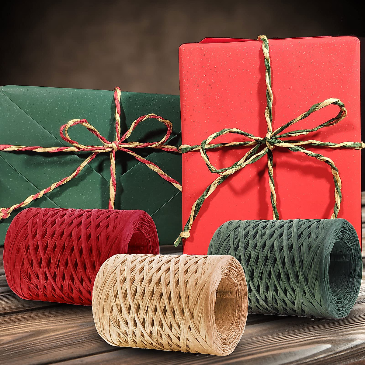 CREATRILL Raffia Ribbon Red Green Natural 3 Rolls 1080 Feet, 360 Feet Each Roll, Paper Twine Wrapping Ribbon for Christmas