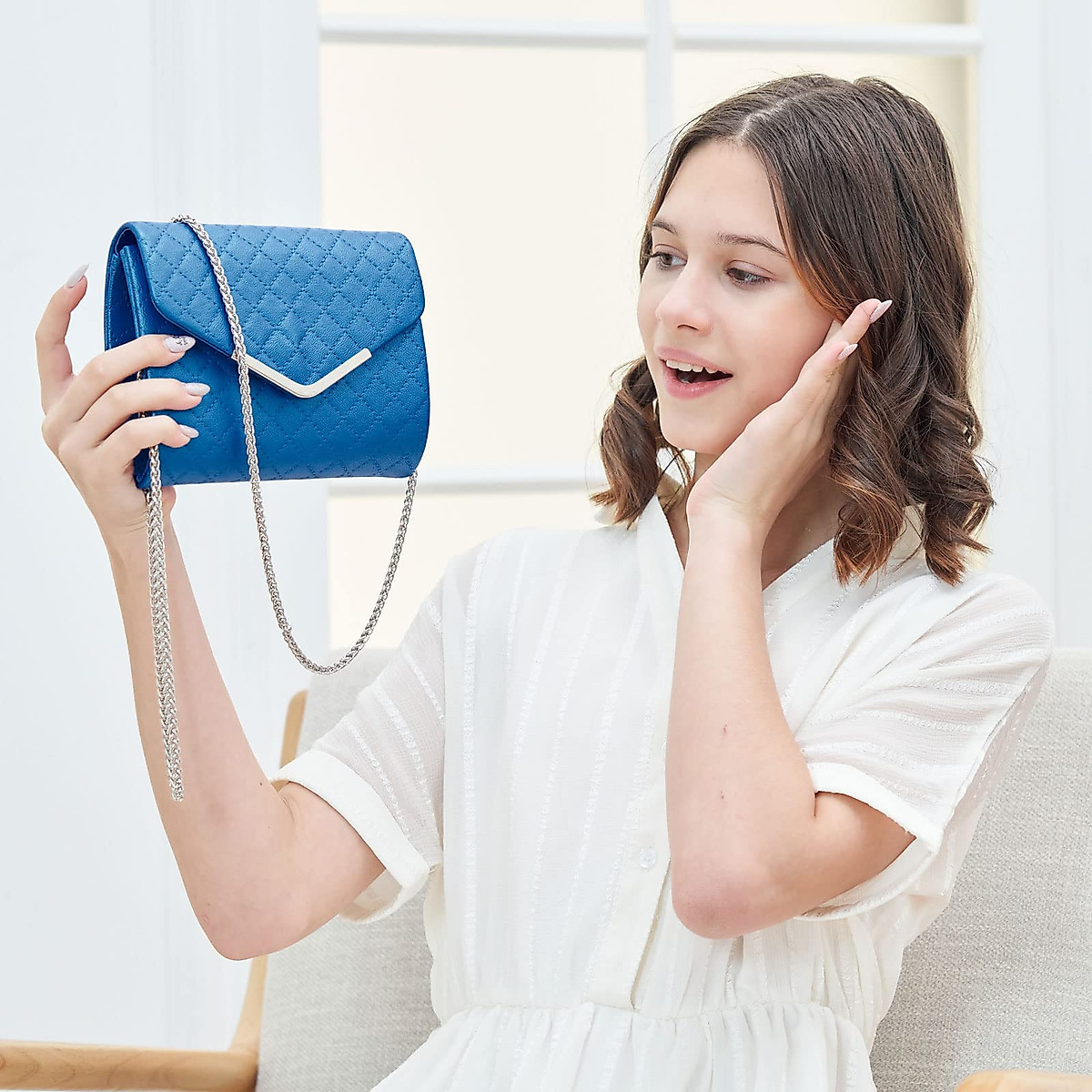 Ava&Lina Clutch Purse for Women, Silver Quilted Clutch, Adjustable Chain Quilted Crossbody (Royal Blue)