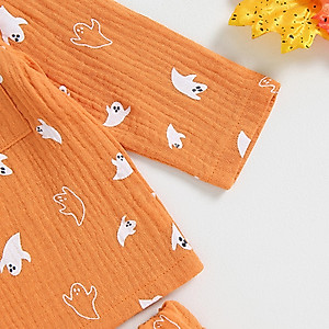 KtwHarnu Toddler Baby Boy Girl Halloween Clothes Pumpkin Print Cotton Linen Long Sleeve Buttons T-Shirt Drawstring Pants Set (Orange, 6-12 Months)