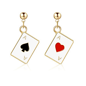 WUWEIJIAJIA Unique Funny 14K Gold Plated Hypoallergenic Poker hearts and Spades A Ace Playing Cards Dangle Drop Post Stud Earrings For Women Gambling Casino Jewelry Gift (Gold)