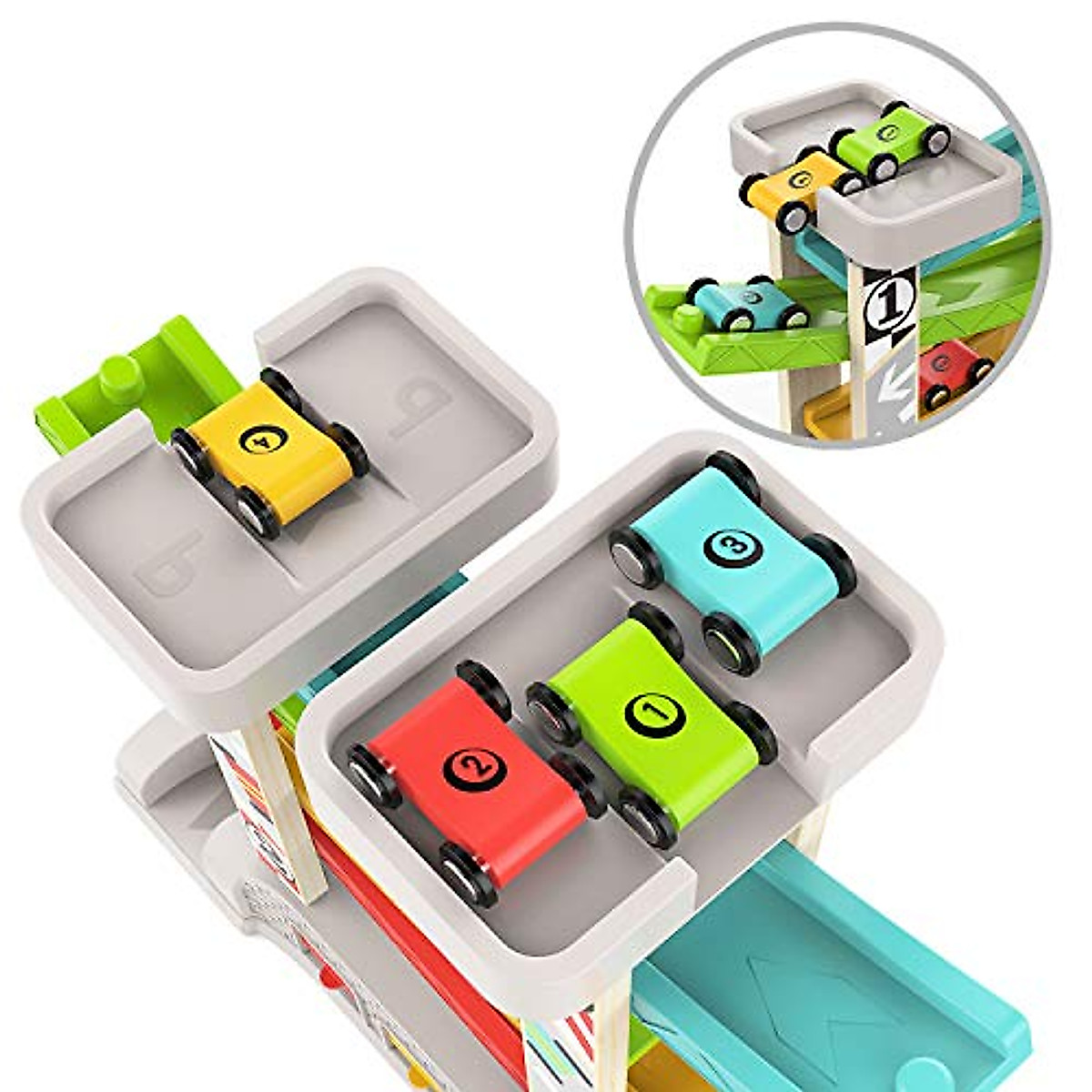 TOP BRIGHT Car Ramp Toy for 2 3 Year Old Boy Gifts, Toddler Race Track Toy for 18 Month Old with 4 Wooden Cars and 3 Car Garage