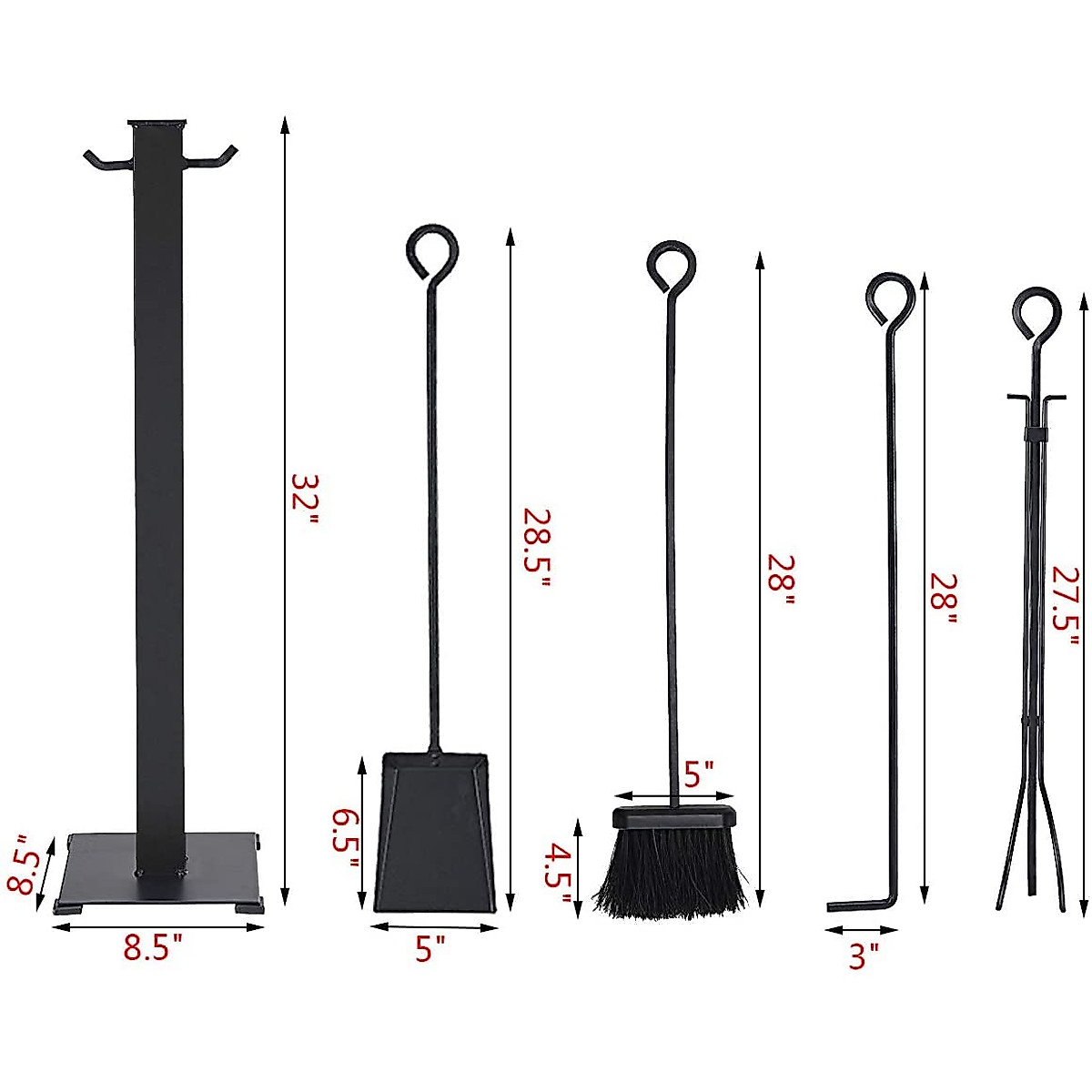 Hysache 5-Piece Fireplace Tool Set, Heavy Duty Wrought Iron Toolset w/Tong,Poker, Shovel, Brush, Indoor & Outdoor Hearth Wood Stove Firepit Accessories, Compact Fireplace Tool Set