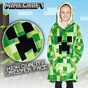 Minecraft Fleece Hoodie Blanket for Kids and Teenagers One Size Kids Fleece Poncho with Sherpa-Lined Hood Gifts for Gamers (Light Green)