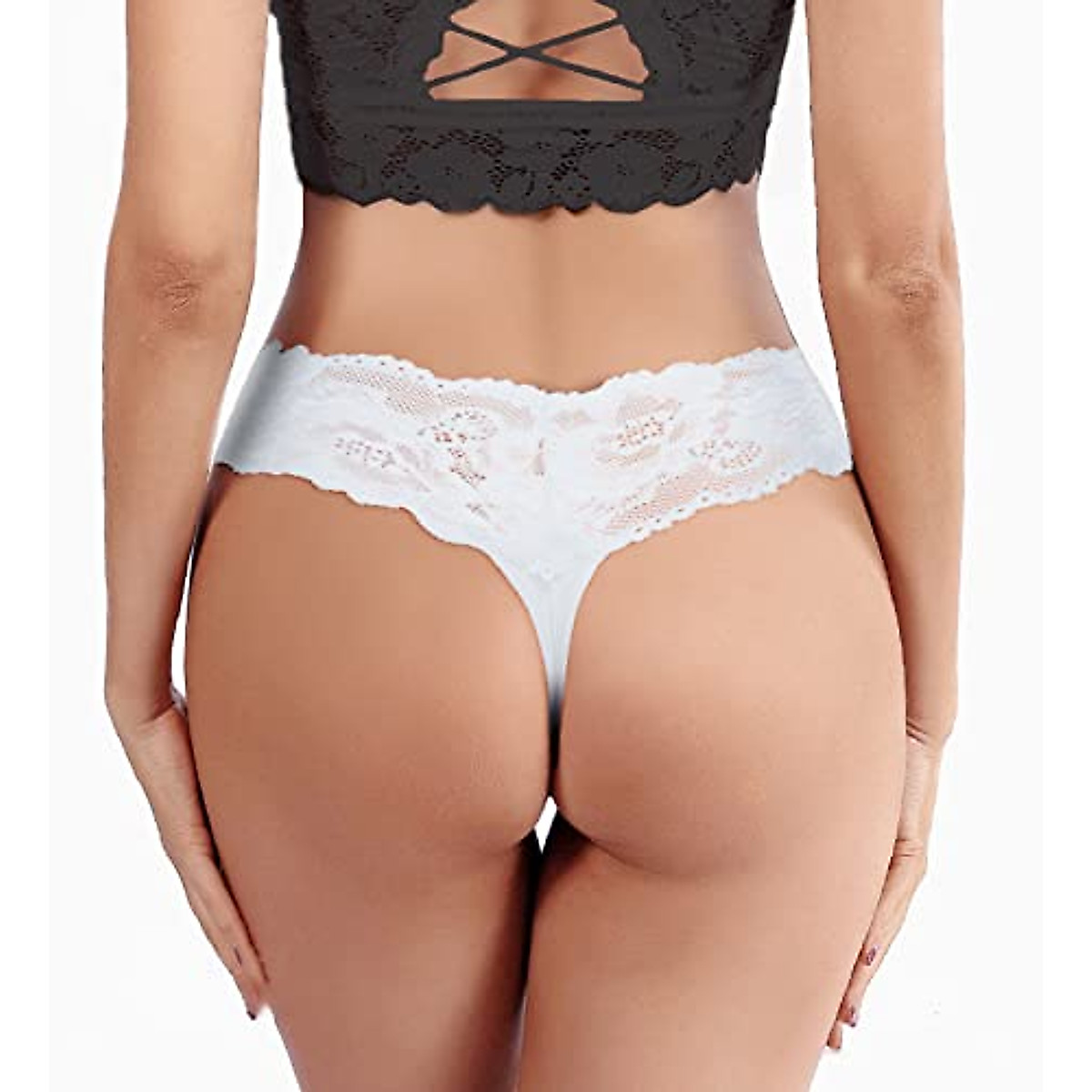 Banamic Lace Underwear for Women Thongs Low Waist Panties Seamless Lace Thongs White