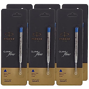 Parker Ball Point Pen Refills, Fine Point, Blue Ink, Pack of 6