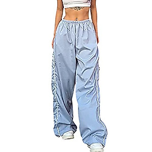Xeyine Women's Y2K Baggy Wide Leg Parachute Pants Street Sports Style Cargo Workwear (Blue-L)