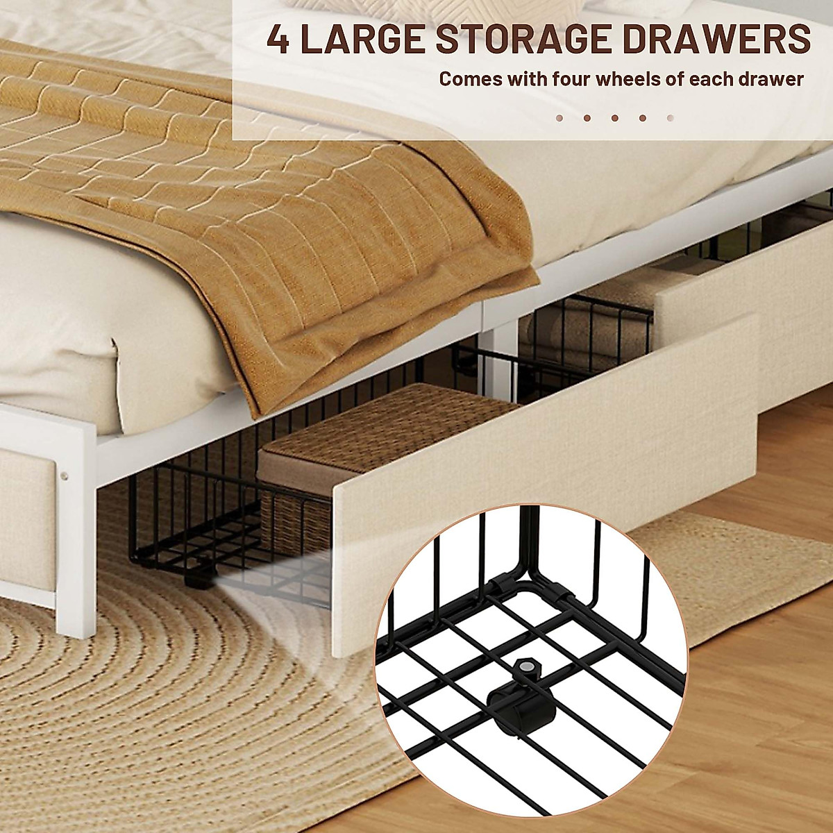 Queen Size Bed Frame with LED Headboard, Metal and Upholstered Platform Bed with Charging Station and 4 Drawers Storage, No Box Spring Needed, Beige