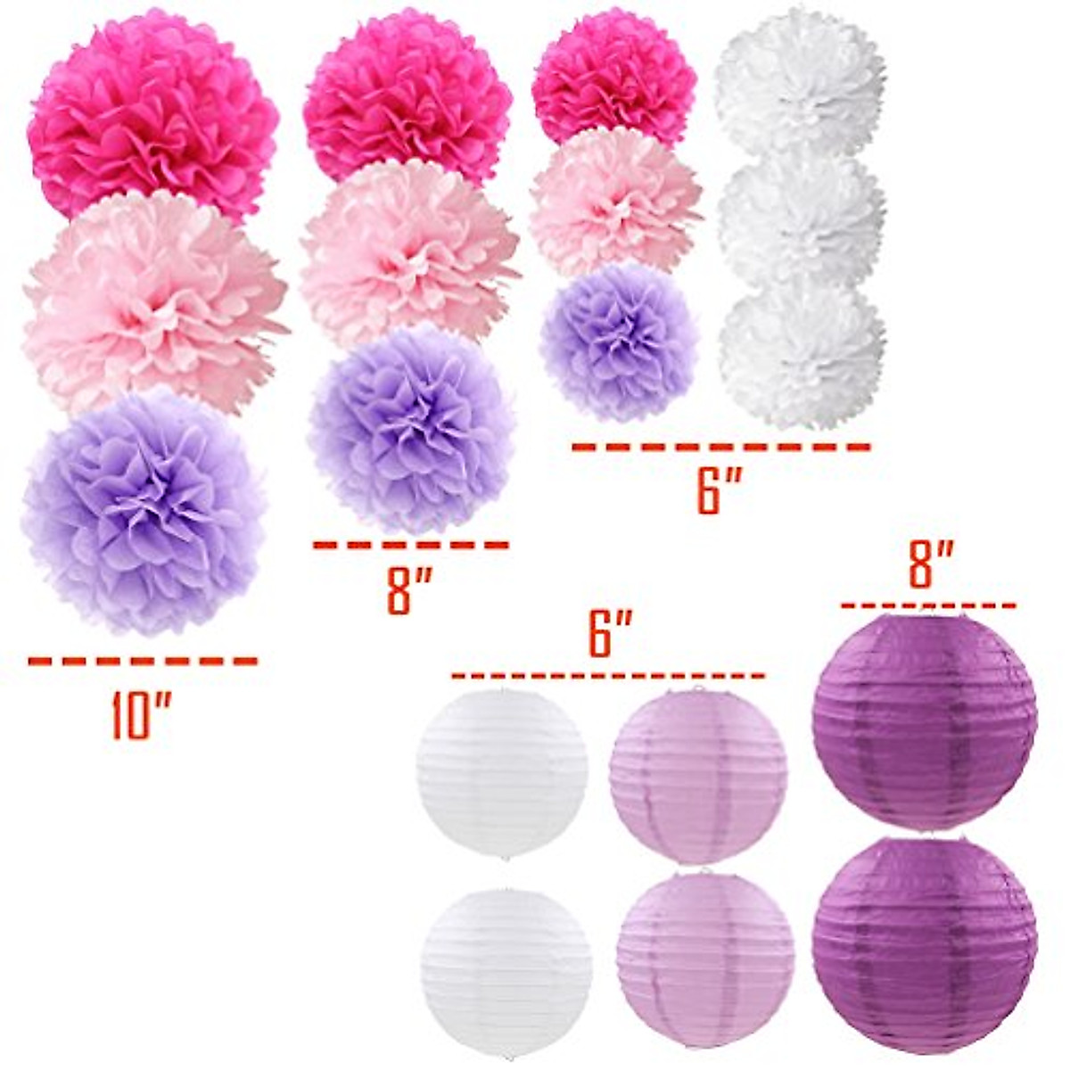 Purple Pink Tissue Paper Flowers Lanterns Decorative Flowers Pom Poms Party Decorations, 18 pcs