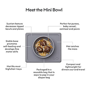 ezpz Mini Bowl - 100% Silicone Suction Bowl with Built-in Placemat for Infants + Toddlers - Comes with a Reusable Travel Bag (Gray)