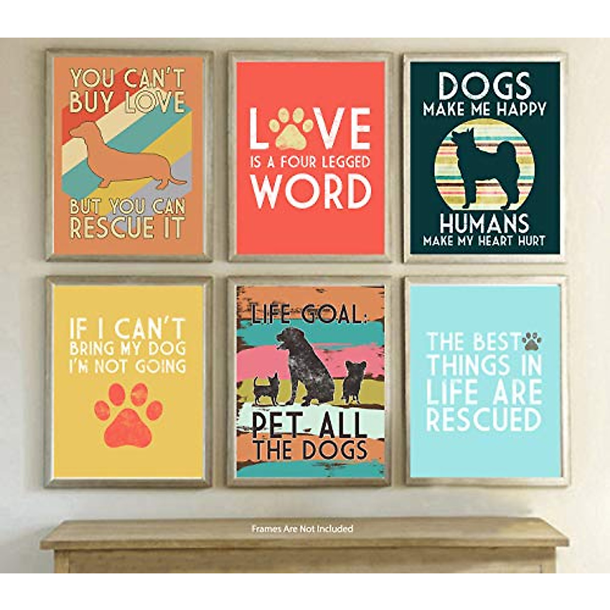 Silly Goose Gifts Love Is A Four Legged Word - Rescue Dog Themed Room Wall Art Print Decoration (Set of 6)