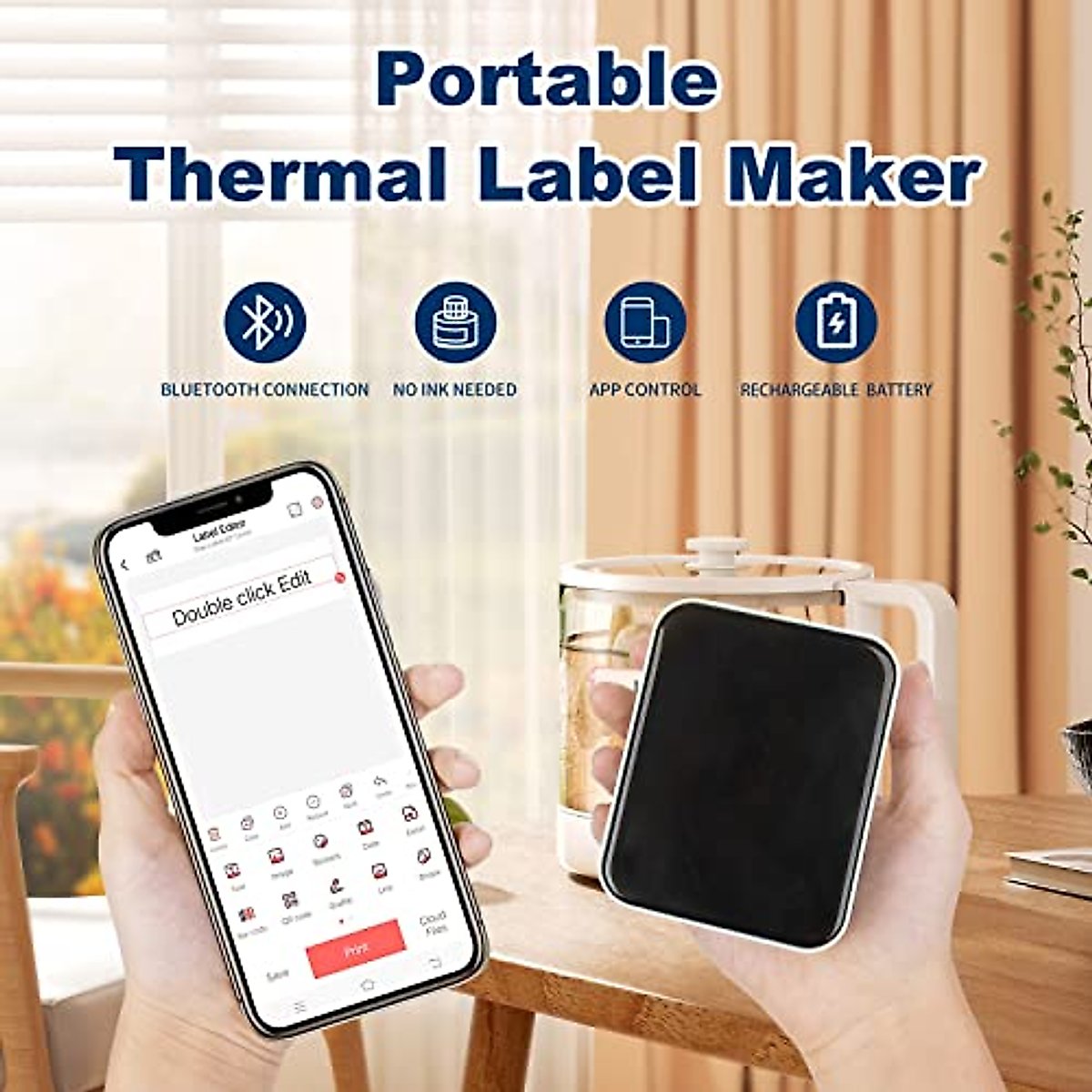MAOZUA Label Maker Machine with Tape, Portable Bluetooth Thermal Label Printer for Office Home Kitchen Organization, Compatible with iOS, Android