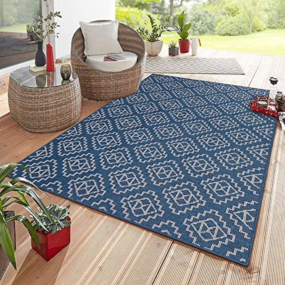 U'Artlines Indoor Outdoor Area Rugs Aztec Boho Chic Non-Shedding Large Floor Mat and Rug for Outdoors, RV, Patio, Backyard, Deck, Picnic, Beach, Trailer, Camping (4' x 6', Cream/Blue)